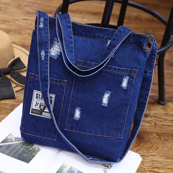Bags | Denim Bag Shoulder Jean Distressed Ripped Handbag Light Blue ...